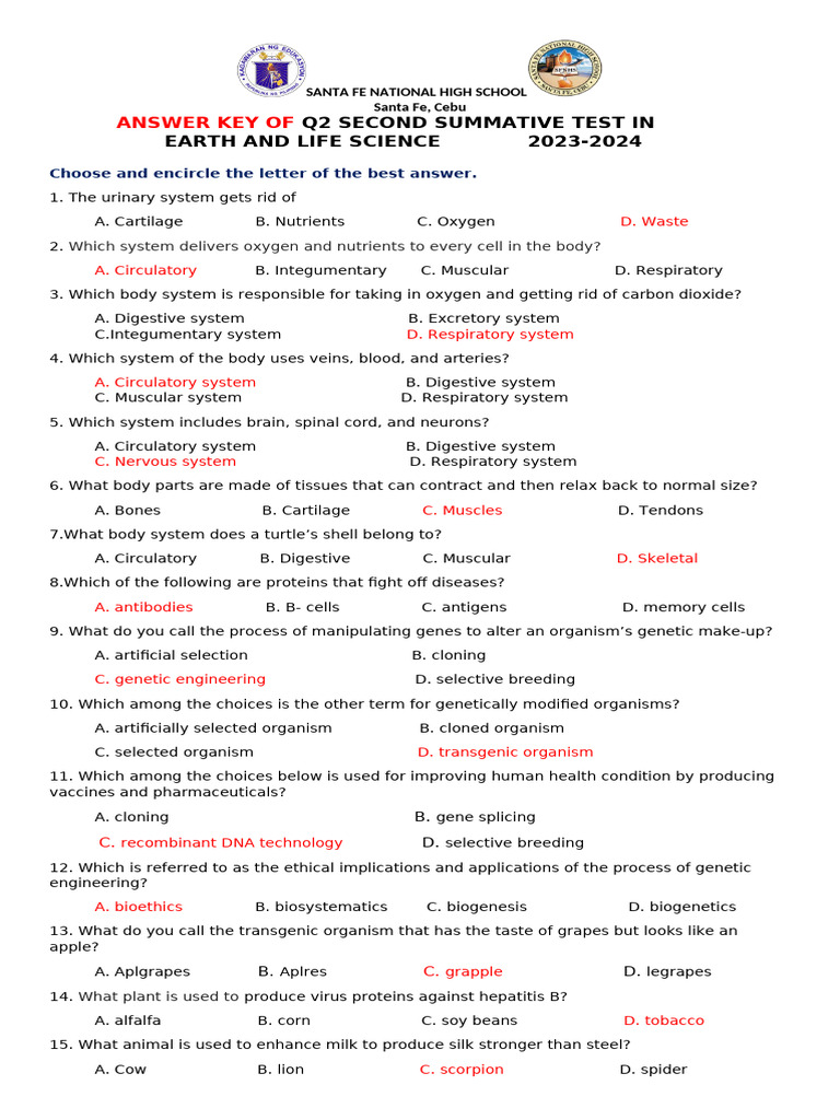 ANSWER KEY OF QUARTER 2-SECOND SUMMATIVE TEST IN EARTH AND LIFE SCIENCE ...