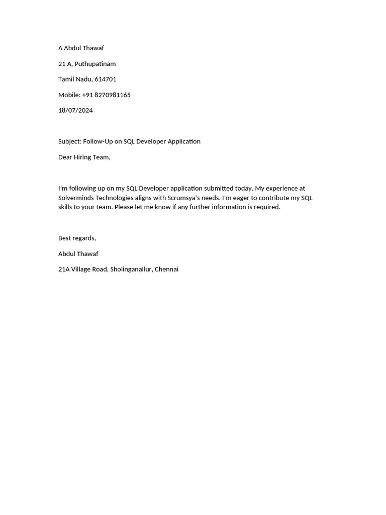 Cover Letter For Abdul | PDF