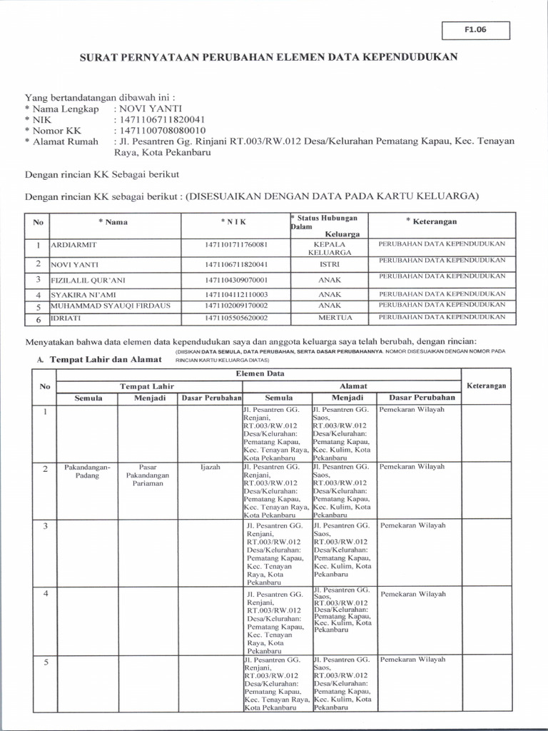 Surat Pernyataan Perubahan Elemen Data Kependudukan - Novi Yanti | PDF