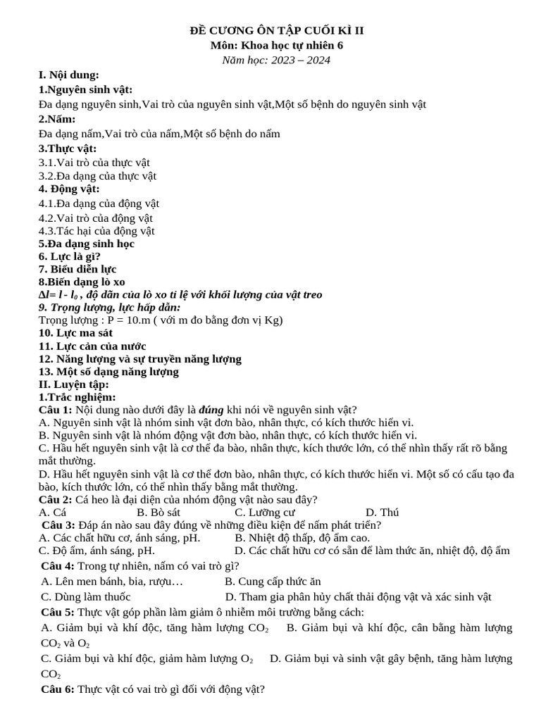 PL KHTN 6 ĐỀ CƯƠNG | PDF