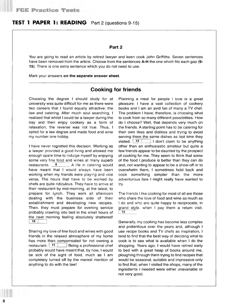 FCE Practice Tests | PDF | Restaurants | Food And Drink Preparation