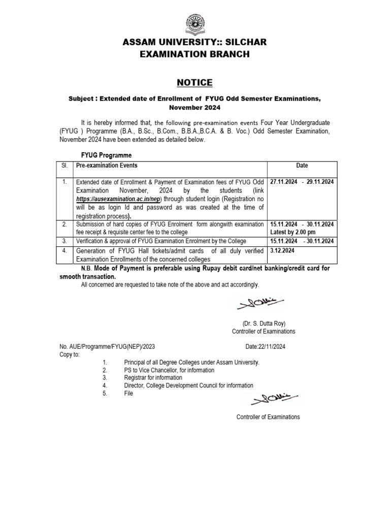 FYUG Odd Semester Exam Enrollment Notice | PDF
