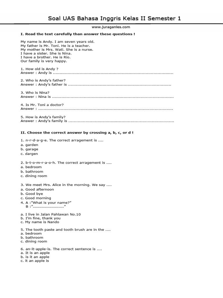Soal+UAS+Bahasa+Inggris+Kelas+2+Semester+1.pdf | PDF