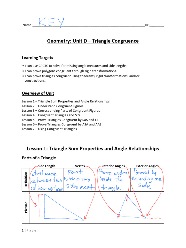 Geometry Unit D Guided Notes Key Pdf Triangle Euclidean Geometry