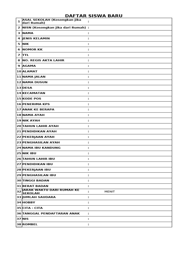 Daftar Formulir Siswa Baru (1) | PDF