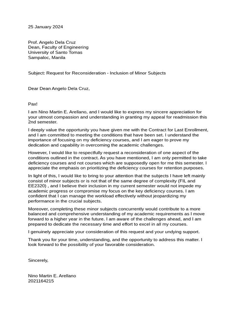 ARELLANO Request For Reconsideration - Inclusion of Minor Subjects | PDF