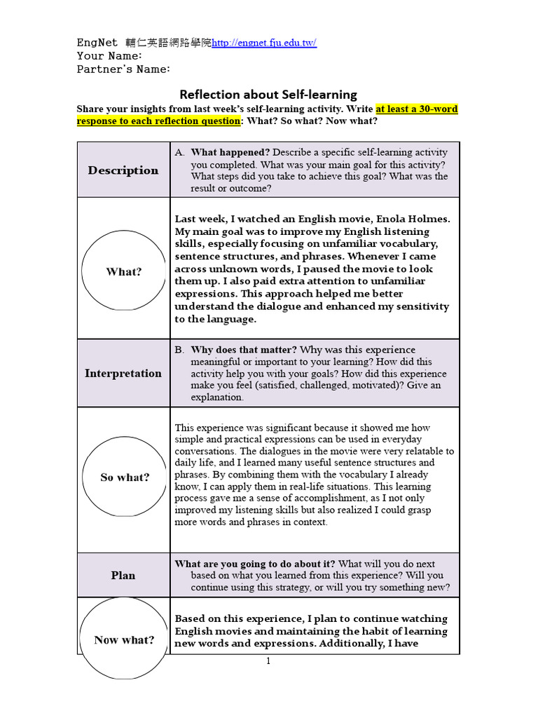 Self Learning Reflection | PDF | Experience | English Language