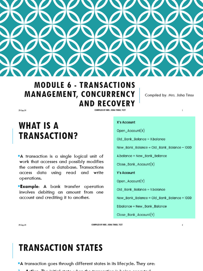 Module 6 - Transactions Management- Concurrency and Recovery - 1 | PDF | Database Transaction | Acid