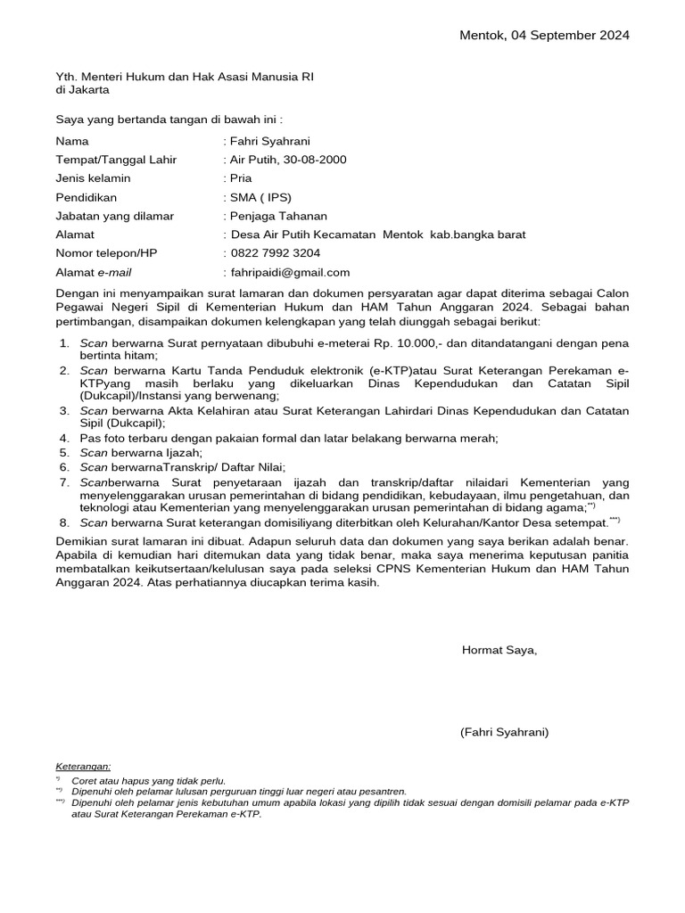 Surat - Lamaran - CPNS - 2024 - SLTA (5) PURNOMO ALFAJRI | PDF