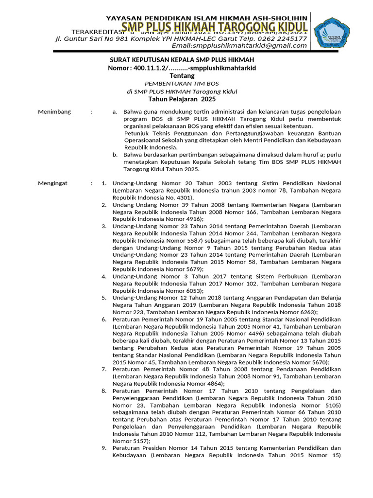 SK Pembentukan Tim BOS 2025 SMP Plus Hikmah | PDF