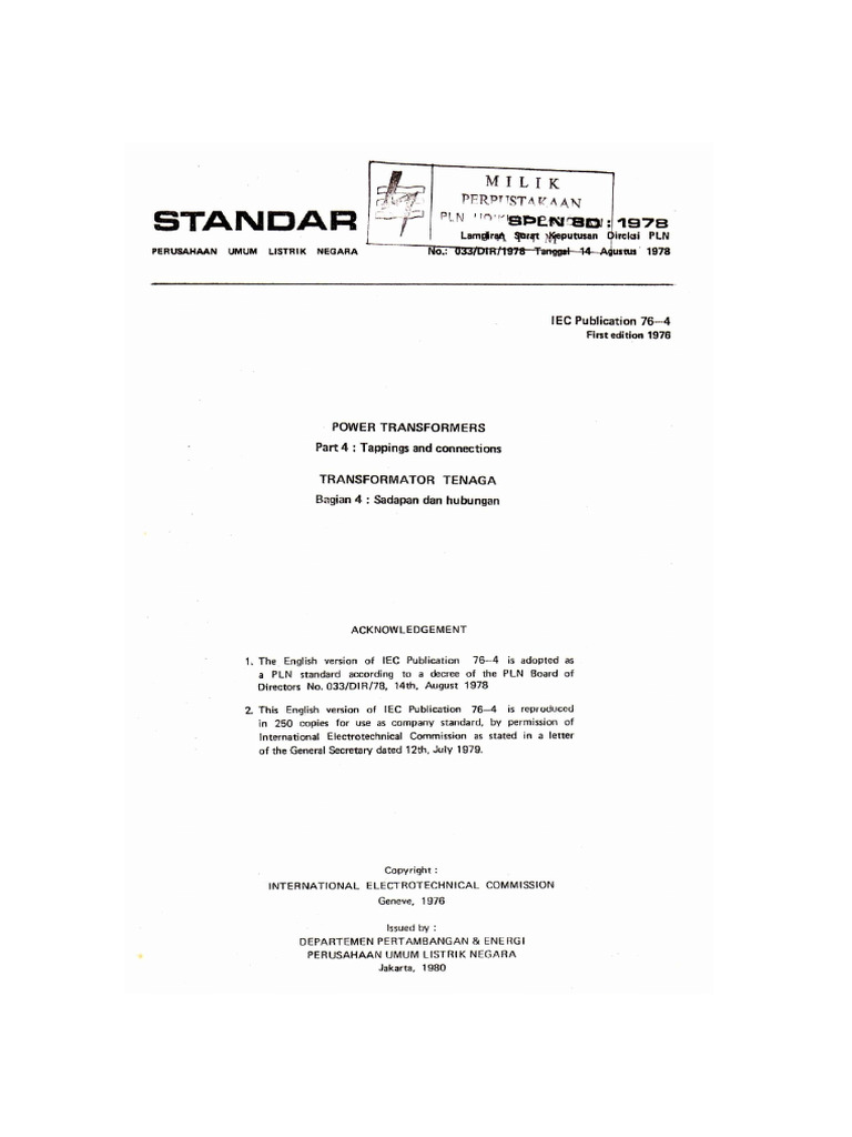 SPLN 8d 1978 Trafo Tenaga (Sadapan & Hubungan) | PDF