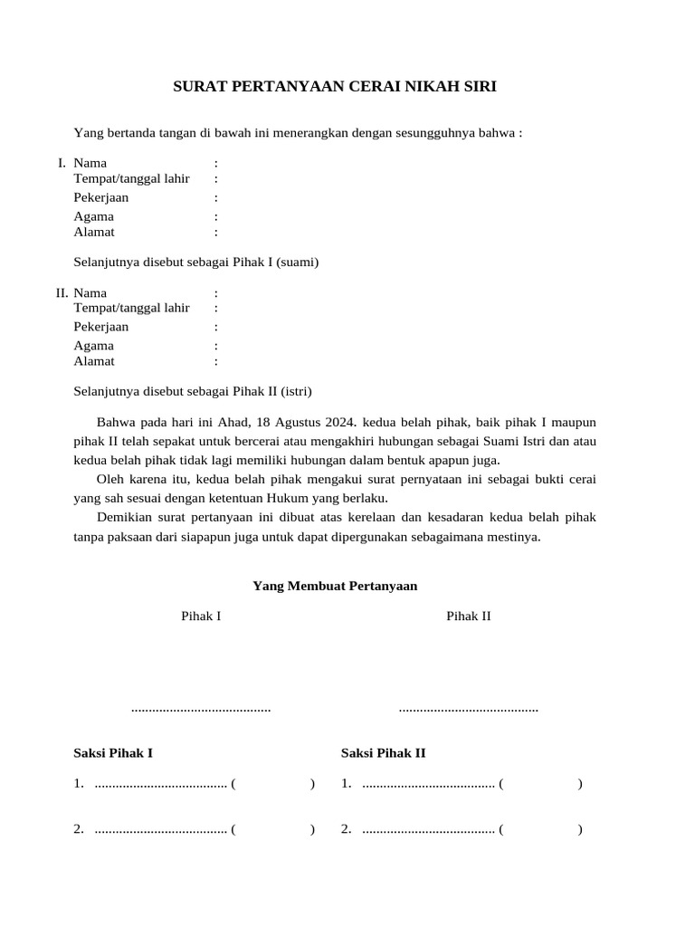 Surat Cerai Nikah Siri Resmi | PDF