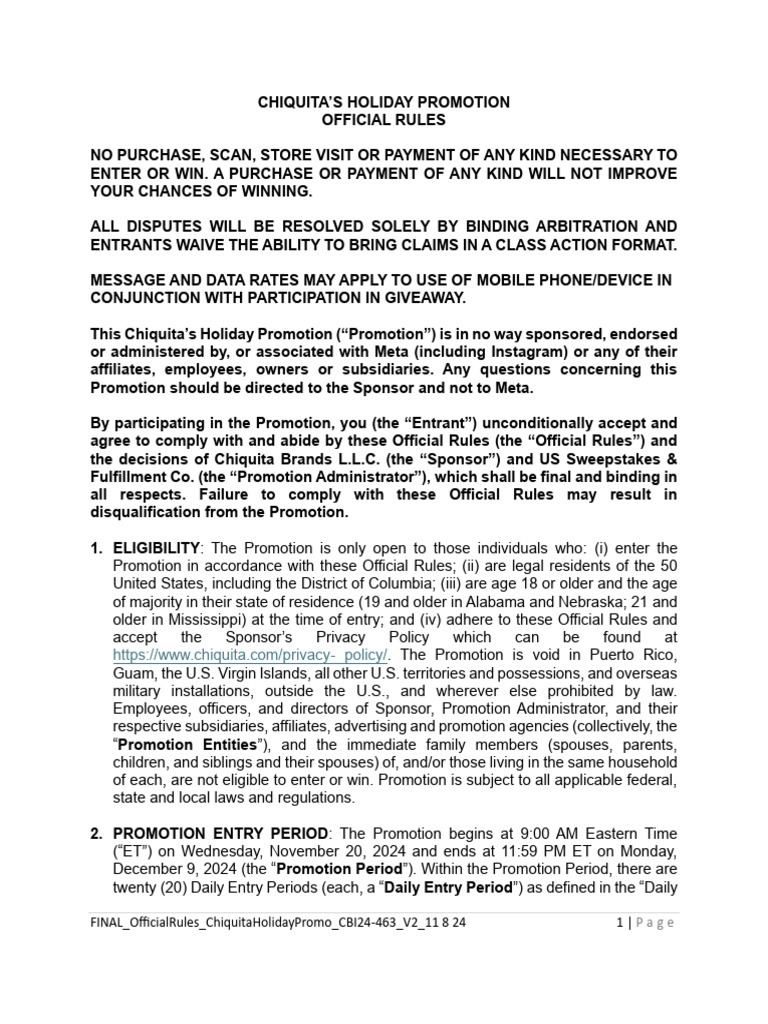 Chiquita Holiday Promo Official Rules | PDF | Information Privacy | Damages