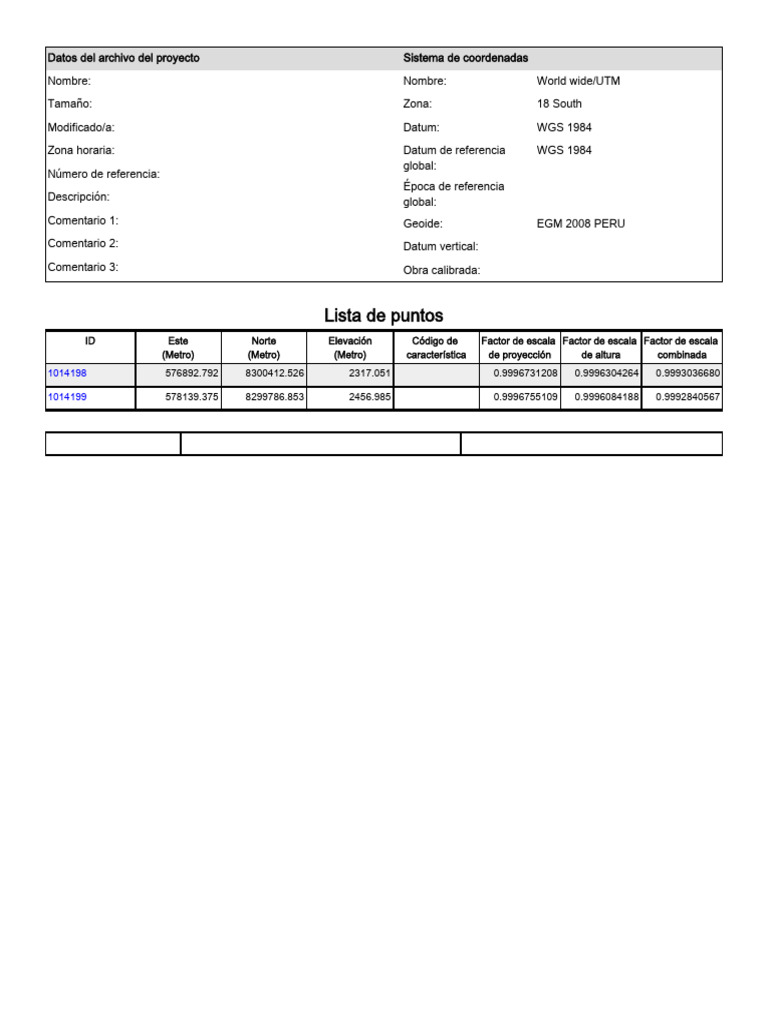 Datos de Coordenadas UTM Zona 18S WGS84 | PDF