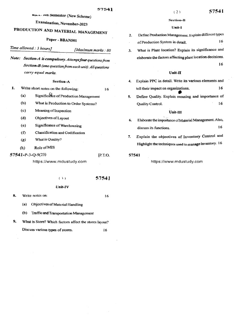 Bba 5 Sem Production and Materials Management 57541 Nov 2023 | PDF