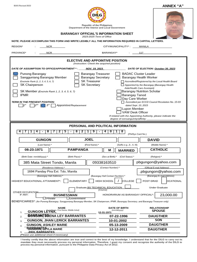 Barangay Official Information Sheet 2023-2025 | PDF