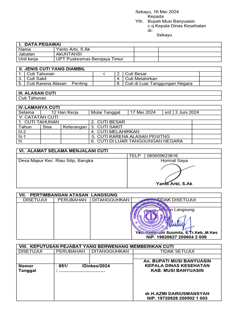 Surat Cuti Tahunan Yanto Arbi 2024 | PDF