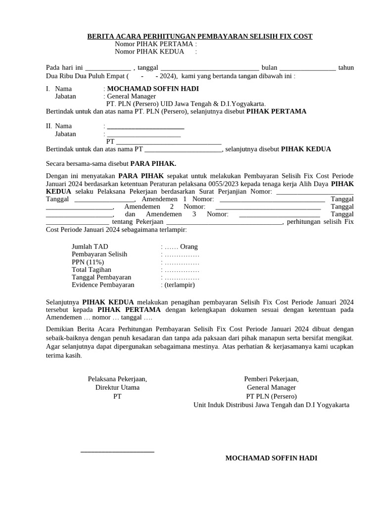 Ba Perhitungan Pembayaran Selisih Fix Cost 2024 | PDF