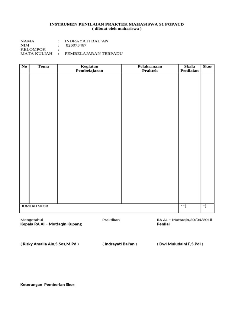 Instrumen Penilaian Praktek Mahasiswa S1 Pgpaud | PDF