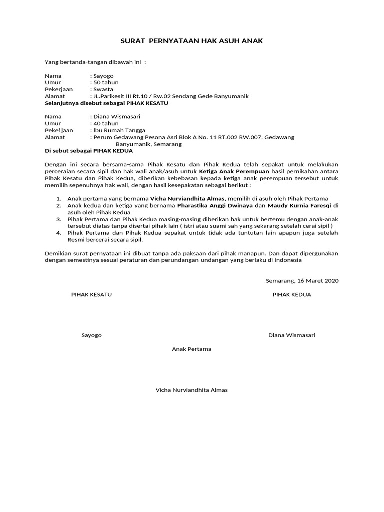 Surat Pernyataan Hak Asuh Anak | PDF