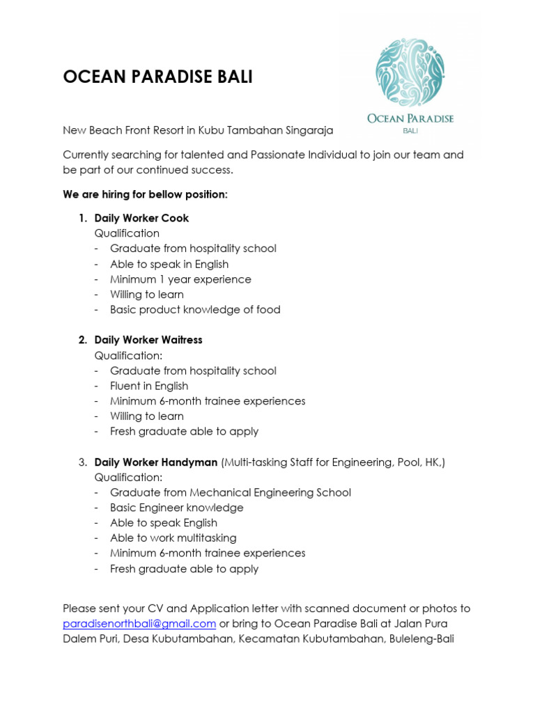 Job Openings at Ocean Paradise Bali | PDF