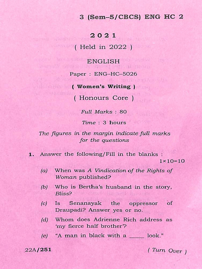 English Honours Question Paper (ENG-HC-5026, 5th Sem) | PDF