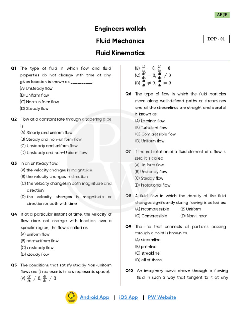 Fluid Kinematics - DPP 01 (English) | PDF | Fluid Dynamics | Motion (Physics)
