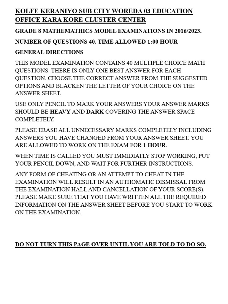 Math Grade 8 Model by Kolfe Keranyo Sub City | PDF | Rectangle | Area