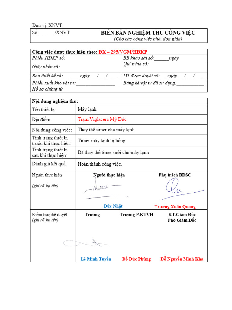 BBNT phiếu 295.VGM.HĐKP Thay thế timer máy lạnh - Signed | PDF