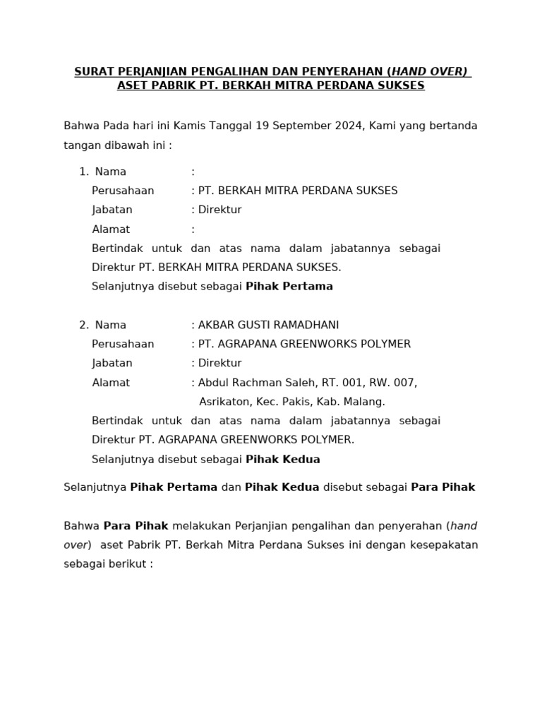New Surat Perjanjian Hand Over Agp | PDF
