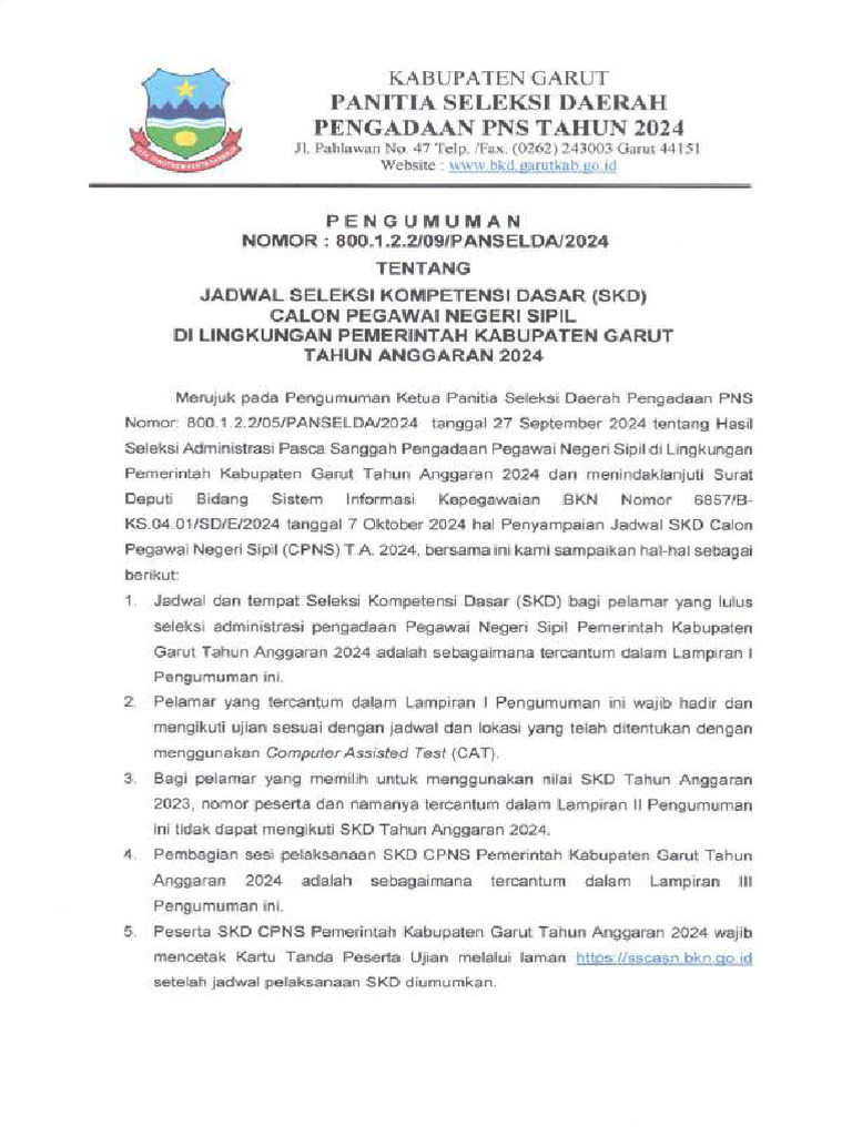 Pengumuman Jadwal Seleksi Kompetensi Dasar Cpns Kab. Garut Ta 2024 - Compressed (1) - Compressed ...