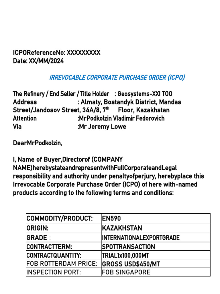 EN590 ICPO for Kazakhstan Supply | PDF | Invoice