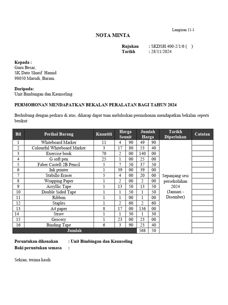 Nota Minta Ubk 2024 | PDF