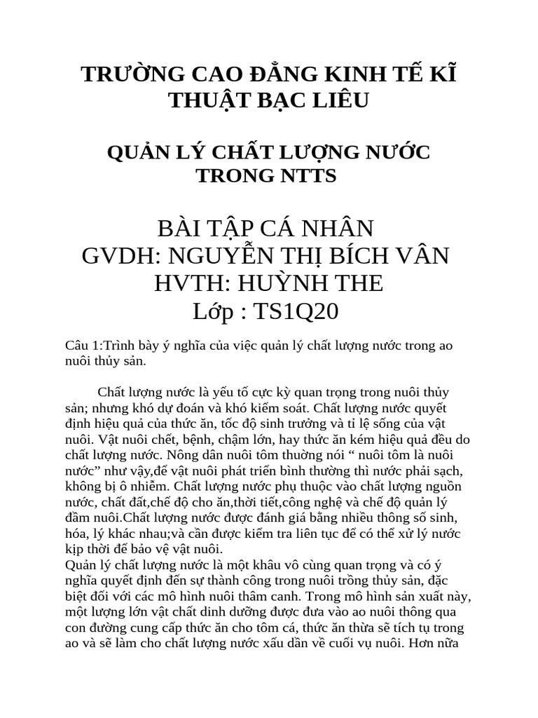 ý nghĩa ql chất lượng nước btcn | PDF