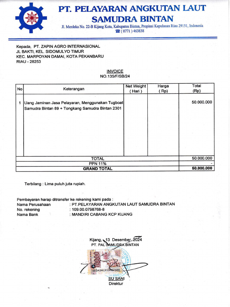 Invoice Jasa Pelayaran PT. Samudra Bintan | PDF