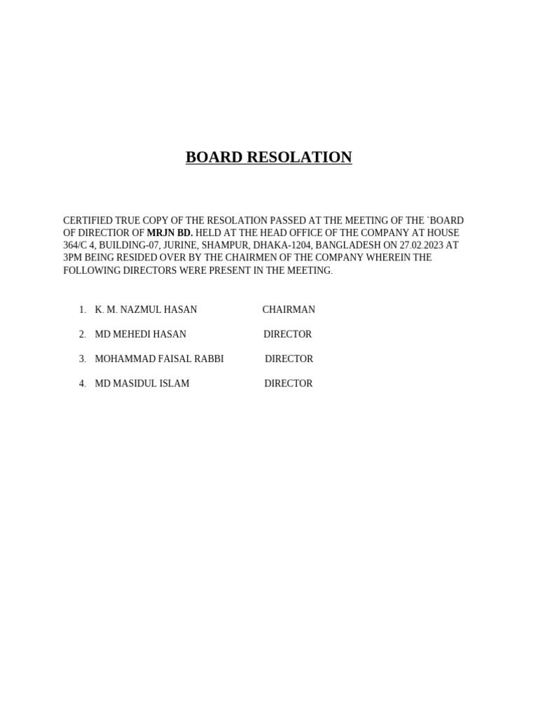 Board Resolation MRJN BD | PDF