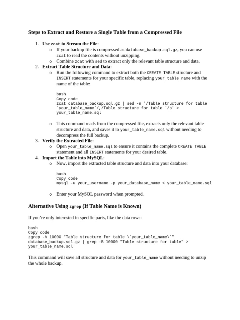 Steps to Extract and Restore a Single Table from a Compressed File | PDF
