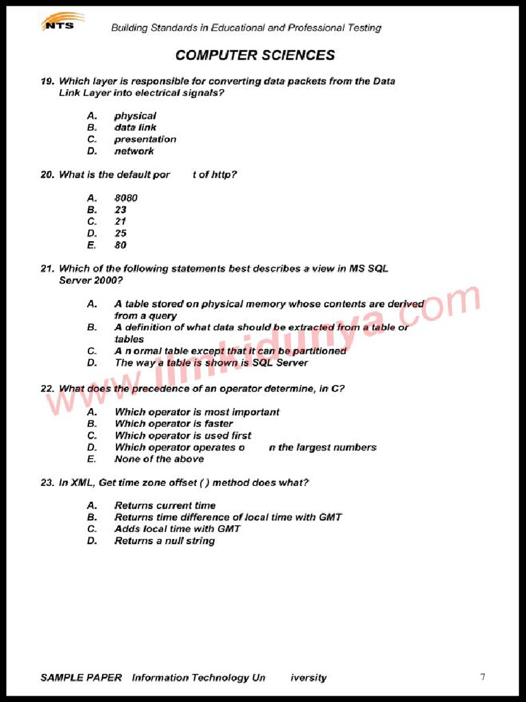 NTS Sample Past Papers Information Technology University MSCS Computer Science | PDF