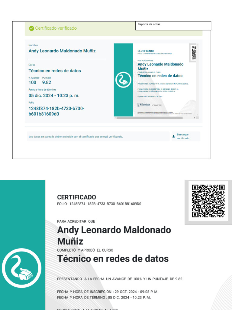 Certificado y Reporte de Notas en Redes de Datos Andy Maldonado | PDF