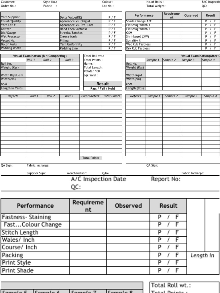 1.fabric Inspection Format | PDF | Yarn | Gauge (Knitting)