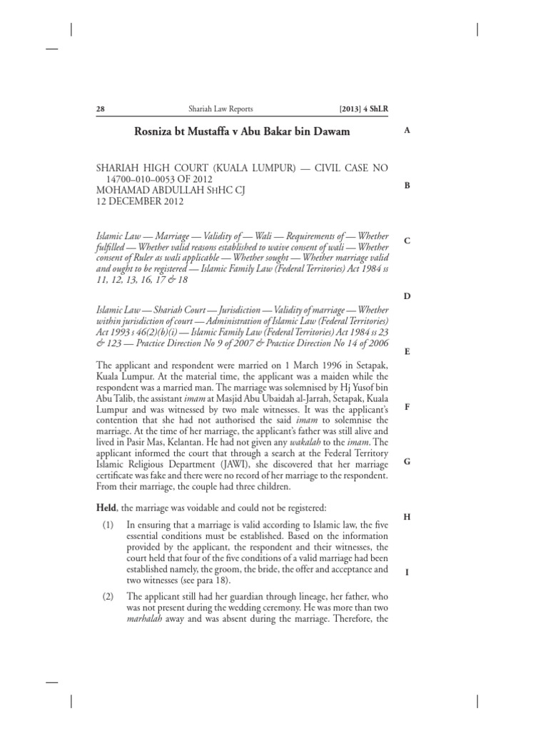 Rosniza BT Mustaffa V Abu Bakar Bin Dawam | PDF | Marriage | Islamic Ethics