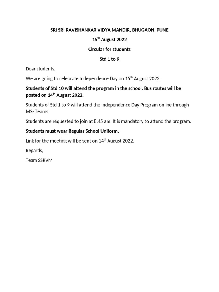15th August Circular For Students | PDF