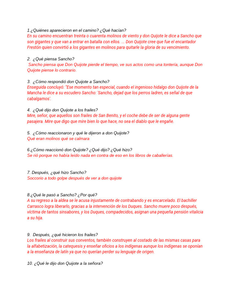 Ap Spanish Answers Capitulos VIII-IX Don Quijote | PDF | Don Quijote