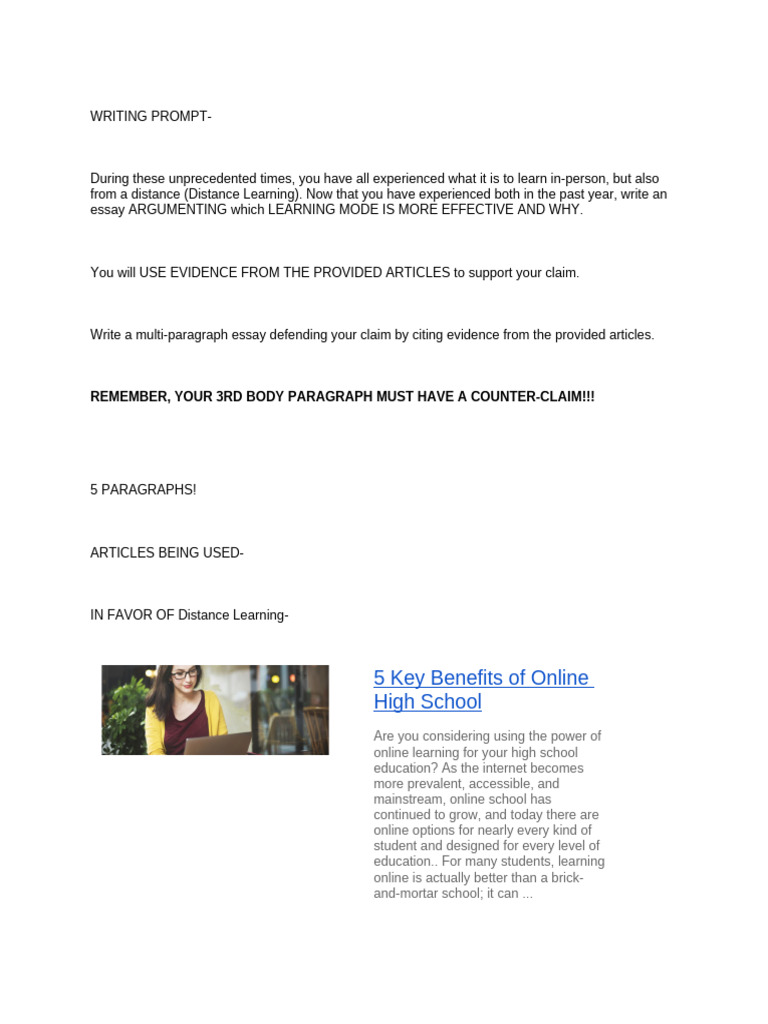 Argumentative Writing Prompt: Distance Learning vs. Face-To-Face | PDF ...