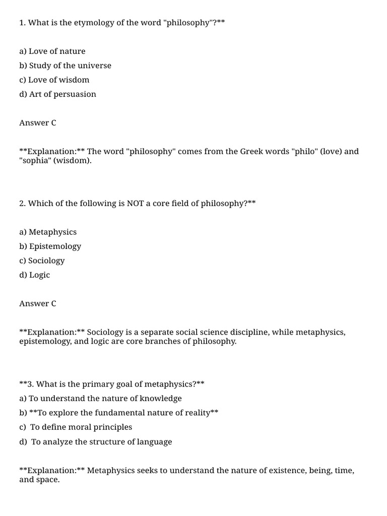 Philosophy Quiz: Key Concepts & Branches | PDF | Epistemology | Metaphysics