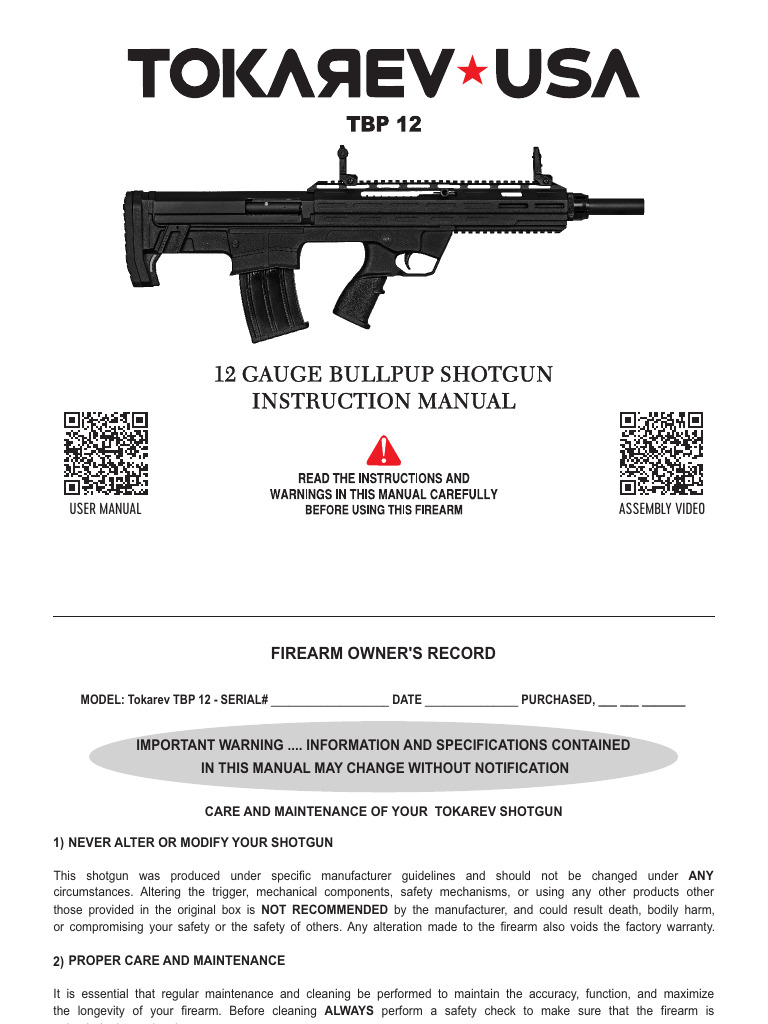 Tokarev TBP Owners Manual | PDF | Firearms | Shotgun