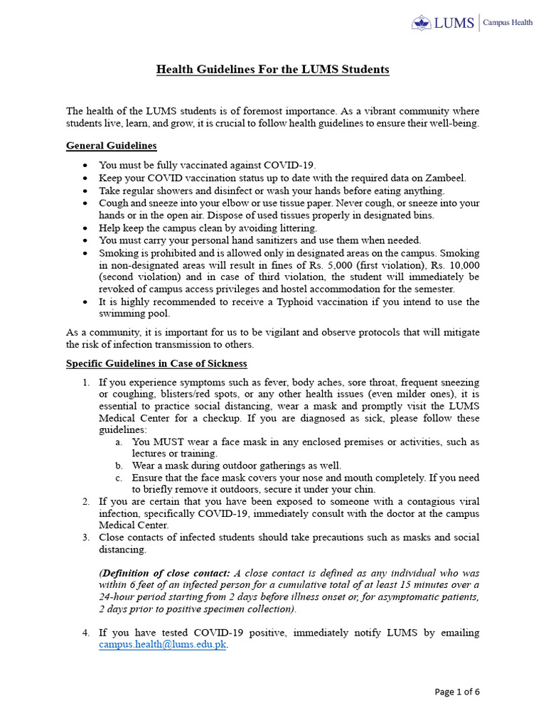 lums_health_guidelines_2024 | PDF | Hospital | Infection