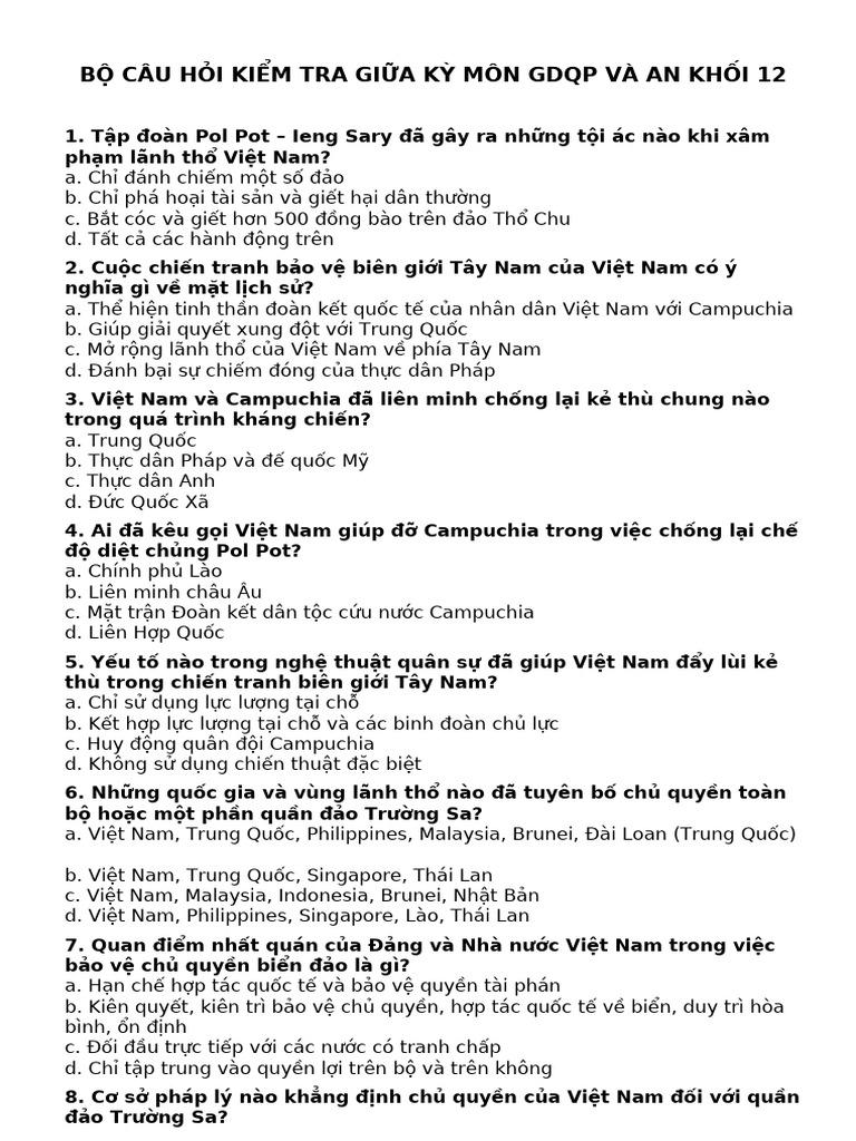 BỘ CÂU HỎI KIỂM TRA GIỮA KỲ MÔN GDQP VÀ AN KHỐI 12 | PDF