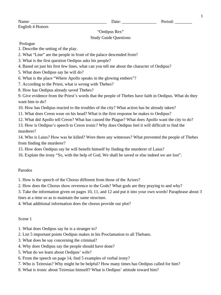 Oedipus Rex Study Guide Questions | PDF | Oedipus