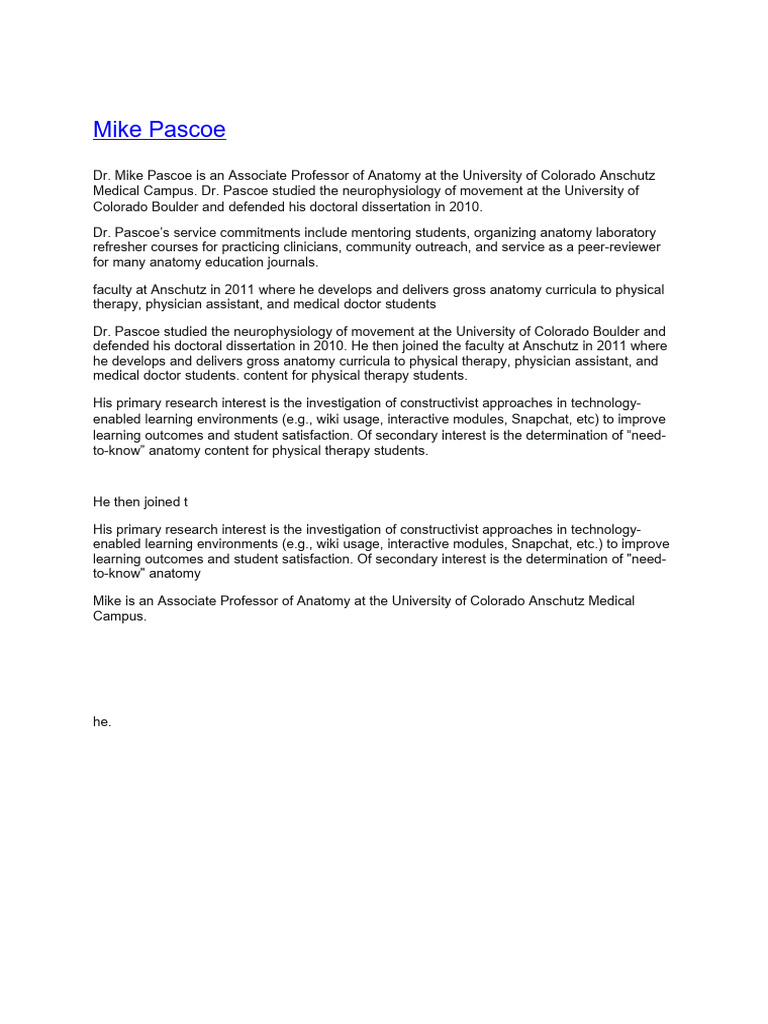 Dr. Mike Pascoe: Anatomy Educator & Researcher | PDF